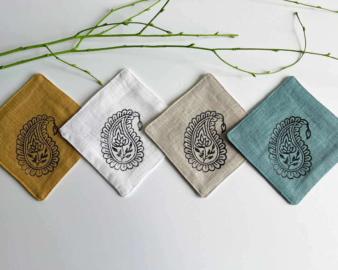 Linen Coaster With Black Paisley Designs, Double Layer Coasters, Washed ...