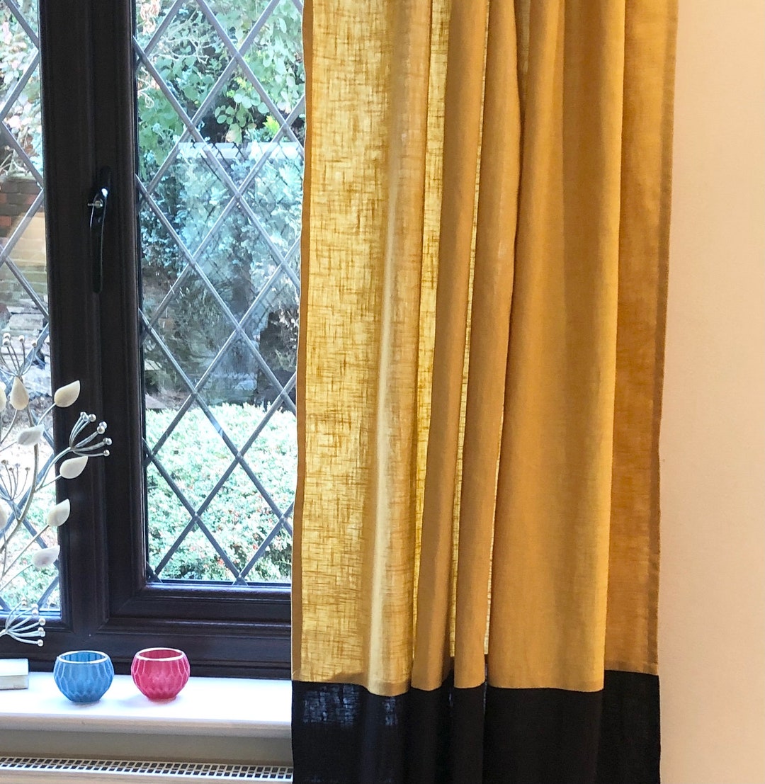 Gold & Black Linen Curtain: Rod Pocket Color Block Panel - Etsy