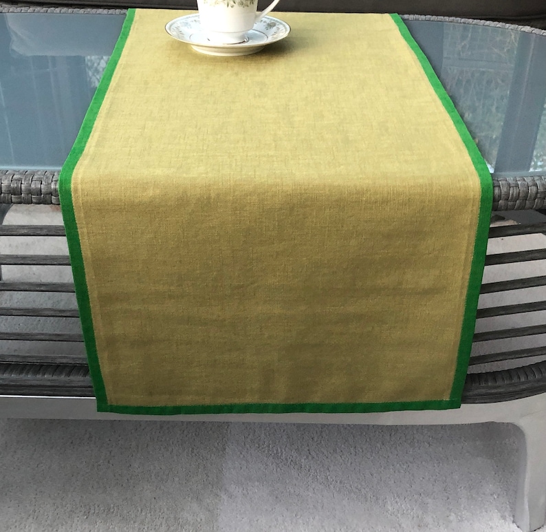 Handmade Chartreuse Linen Table Runner: Emerald Green Border - Etsy