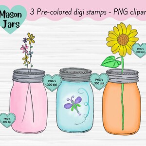 Watercolor Mason Jar Clipart, Pre Colored Digi Stamps, Mason Jar Png ...