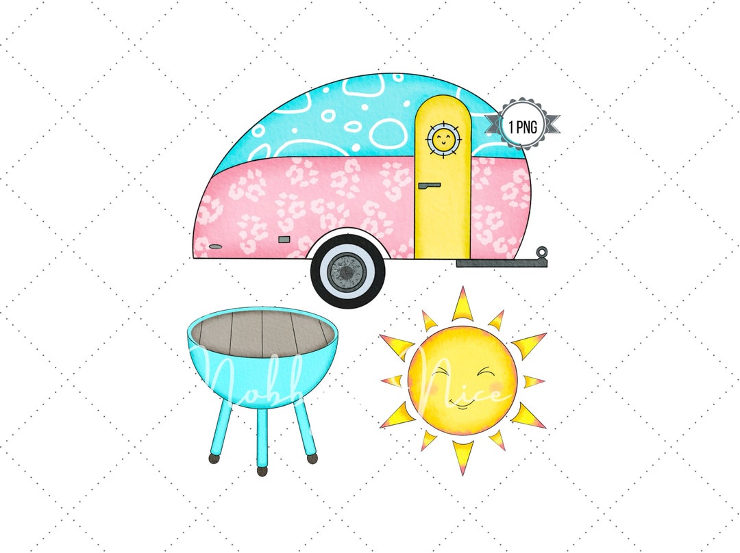 Watercolor Camping Clipart Png, Sun Clipart, Bbq Grill Clipart, Retro ...