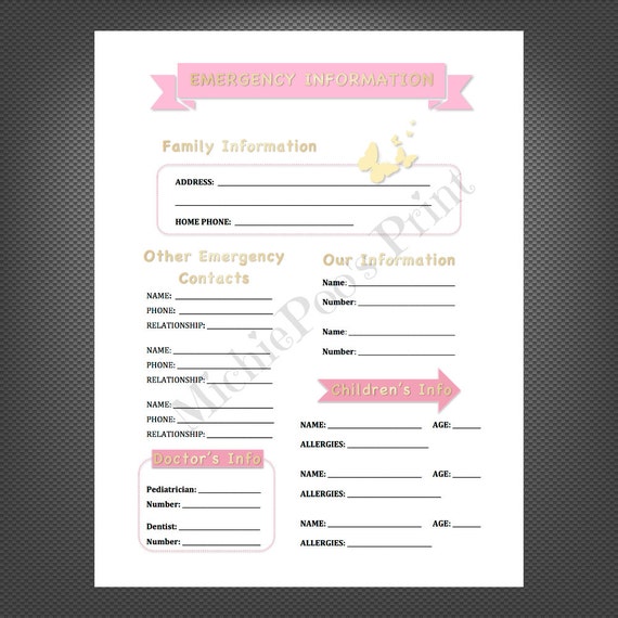 Pink and Gold: Emergency Contact Form - Etsy