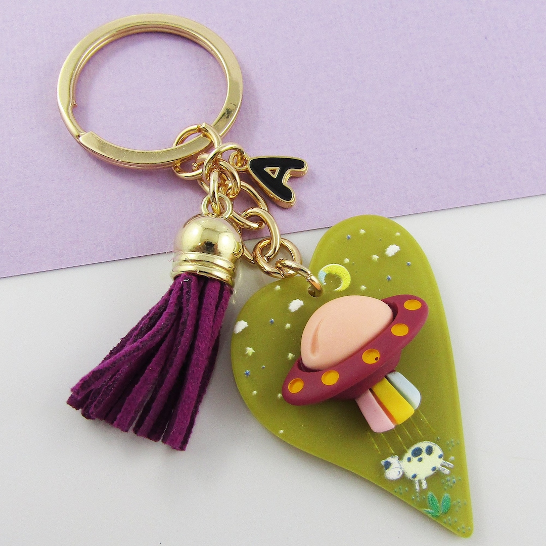 Acrylic Cow Alien Abduction Tassel Charm Keychain Personalized With ...