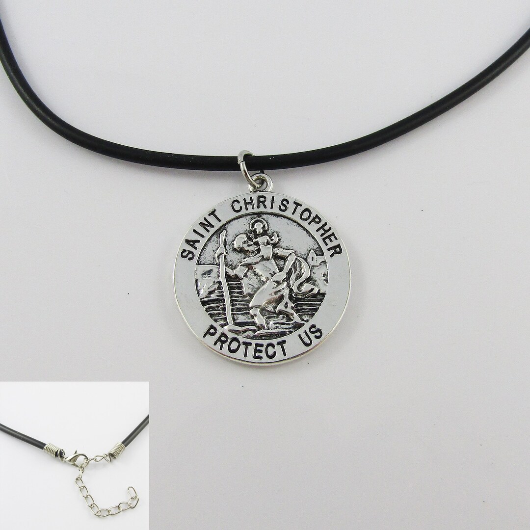 Saint Christopher Protect Us Charm Pendant Necklace 48cm Black Cord - Etsy