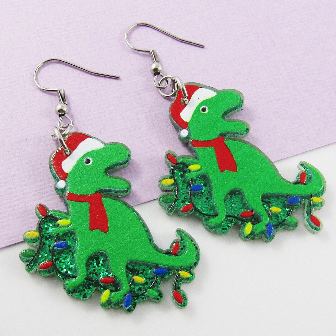 Cute N Kitsch Acrylic Christmas T-rex Dinosaur Hook Earrings 65mm SS ...