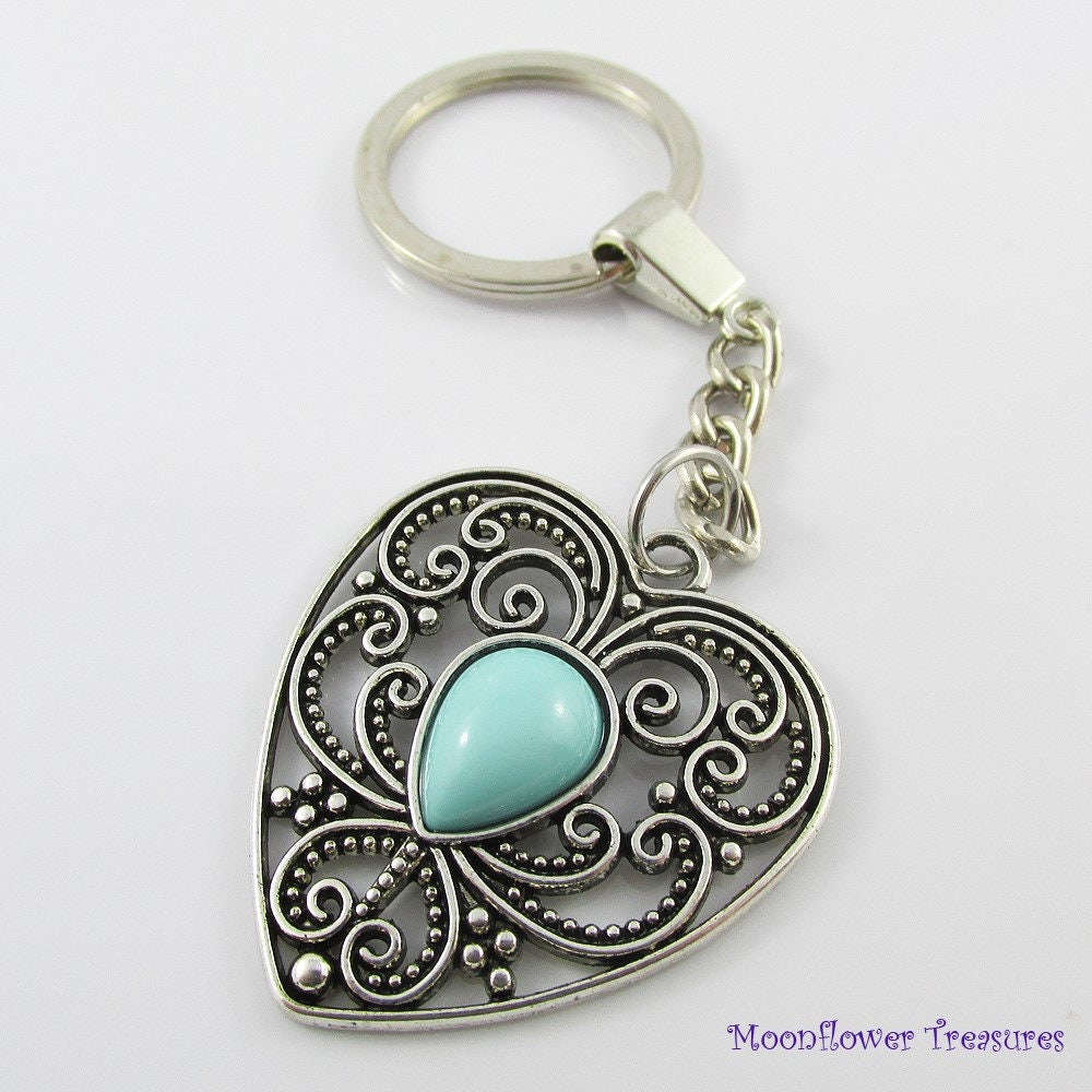 Turquoise Filigree Heart Charm Keychain Keyring 112mm Great Gift - Etsy ...