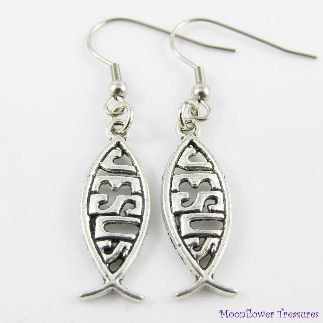 Jesus Christian Fish Symbol Charm Hook Earrings 50mm Stainless Steel ...