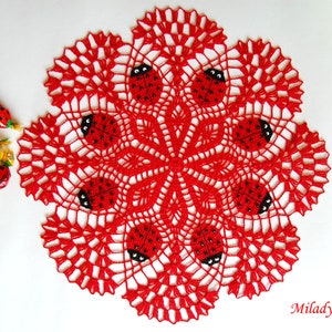 Crocheted Doily Ladybug Lady Bug Ladybird Lady Bird Red Doily Round ...