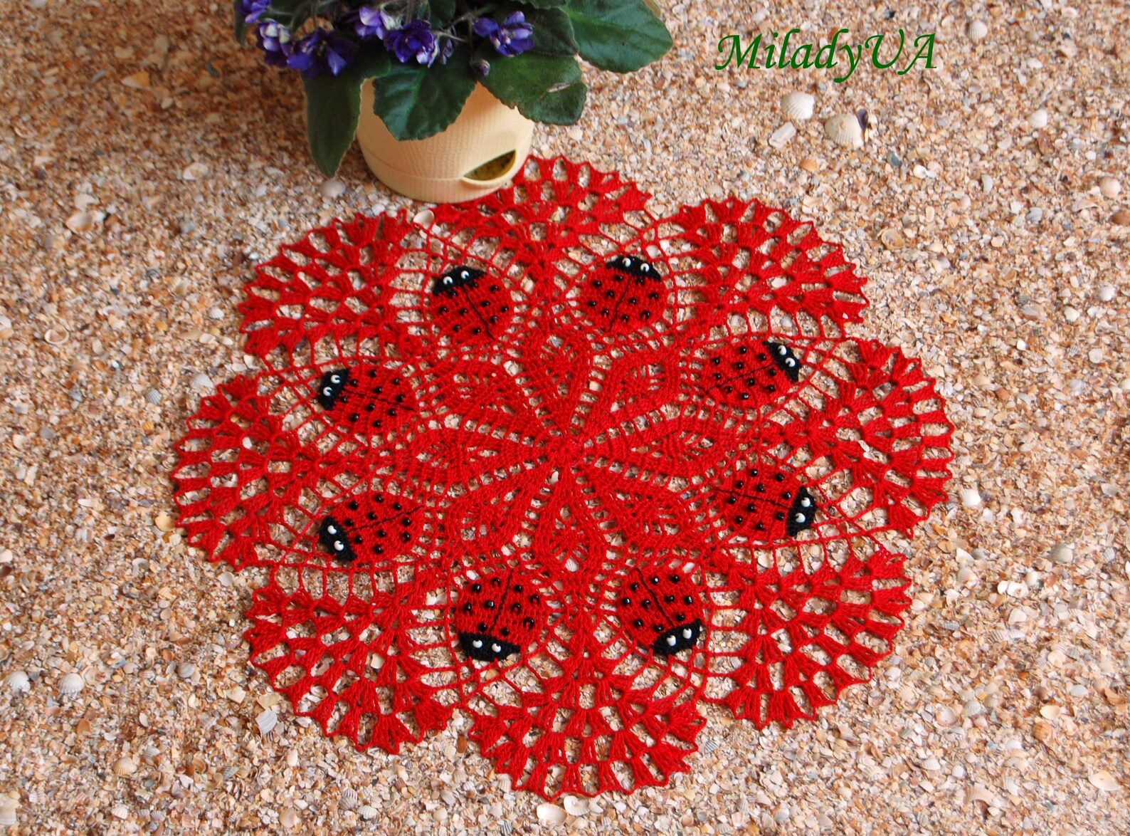 Crocheted Doily Ladybug Lady Bug Ladybird Lady Bird Red Doily Round ...