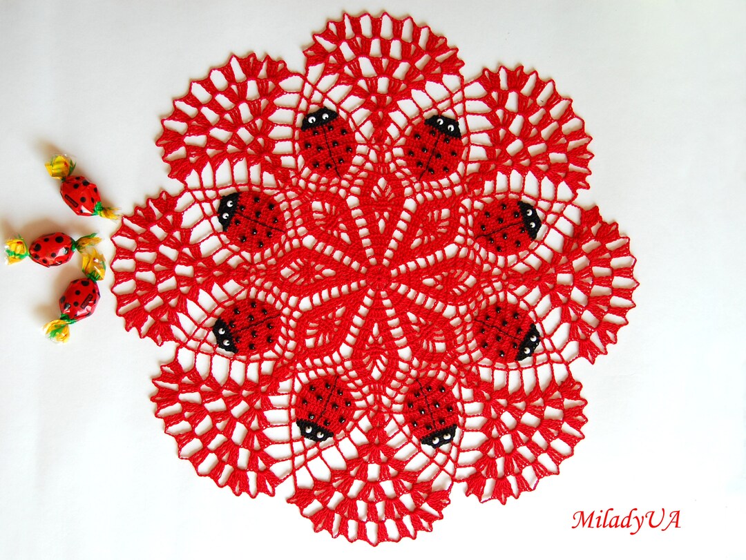 Crocheted Doily Ladybug Lady Bug Ladybird Lady Bird Red Doily Round ...
