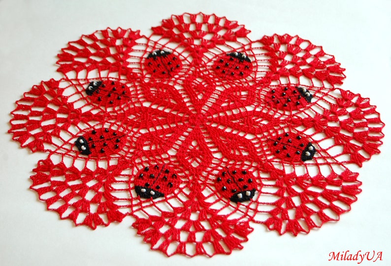 Crocheted Doily Ladybug Lady Bug Ladybird Lady Bird Red Doily Round ...