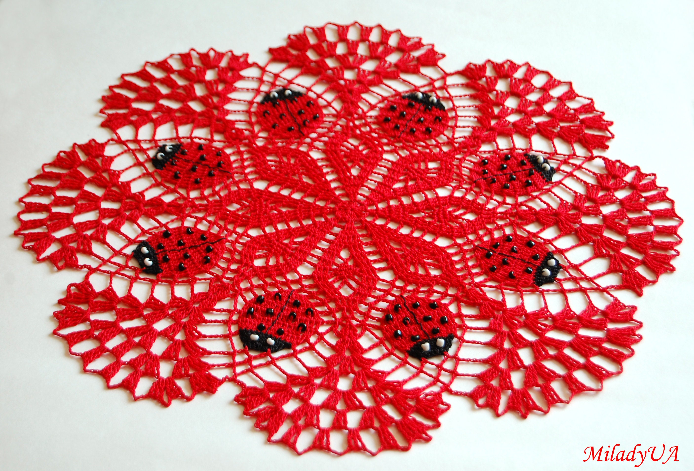 Crocheted Doily Ladybug Lady Bug Ladybird Lady Bird Red Doily Round ...