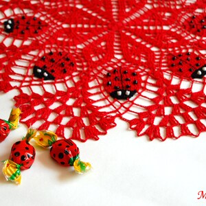 Crocheted Doily Ladybug Lady Bug Ladybird Lady Bird Red Doily Round ...
