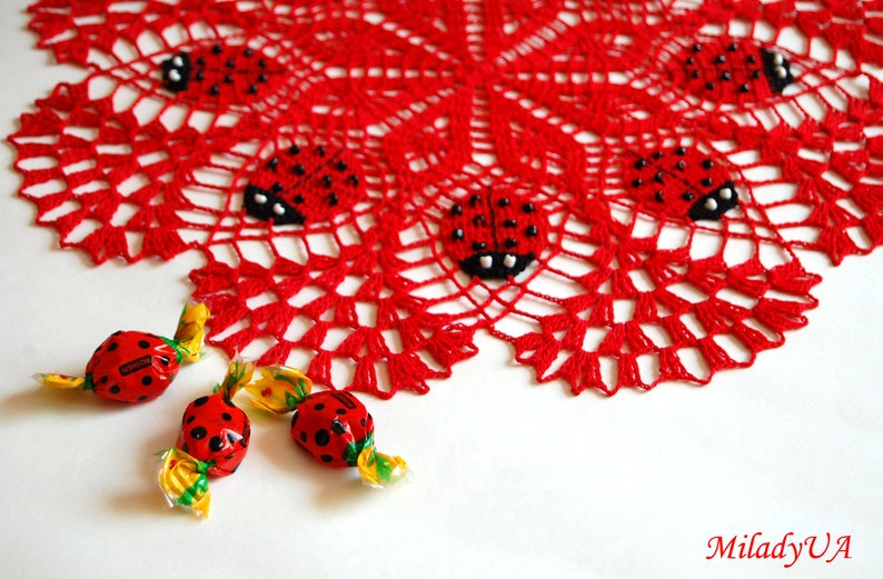 Crocheted Doily Ladybug Lady Bug Ladybird Lady Bird Red Doily Round ...
