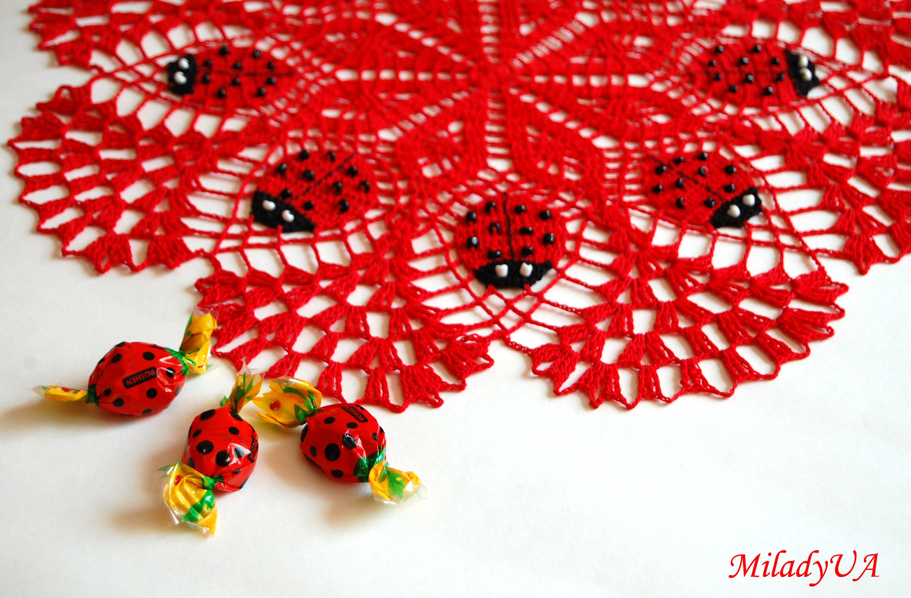 Crocheted Doily Ladybug Lady Bug Ladybird Lady Bird Red Doily Round ...
