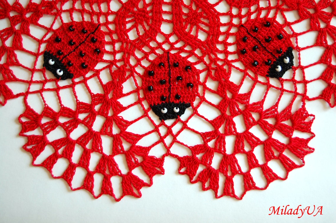 Crocheted Doily Ladybug Lady Bug Ladybird Lady Bird Red Doily Round ...