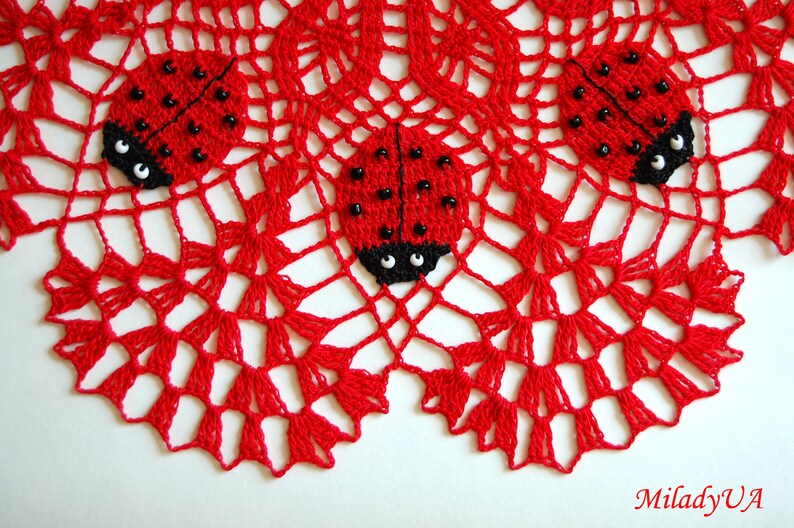 Crocheted Doily Ladybug Lady Bug Ladybird Lady Bird Red Doily Round ...