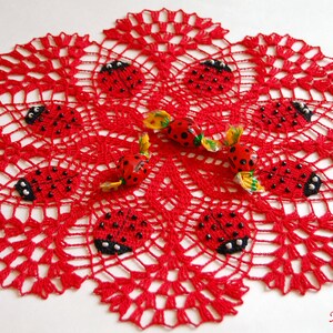 Crocheted Doily Ladybug Lady Bug Ladybird Lady Bird Red Doily Round ...