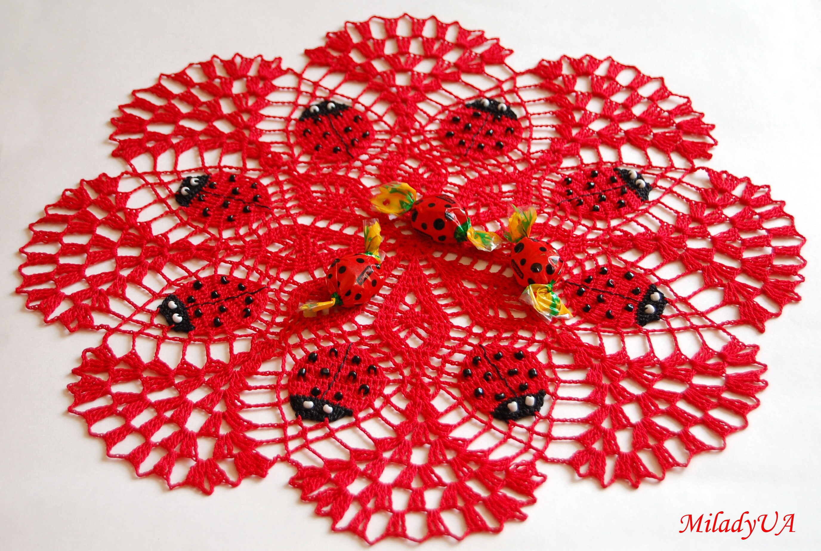 Crocheted Doily Ladybug Lady Bug Ladybird Lady Bird Red Doily Round ...