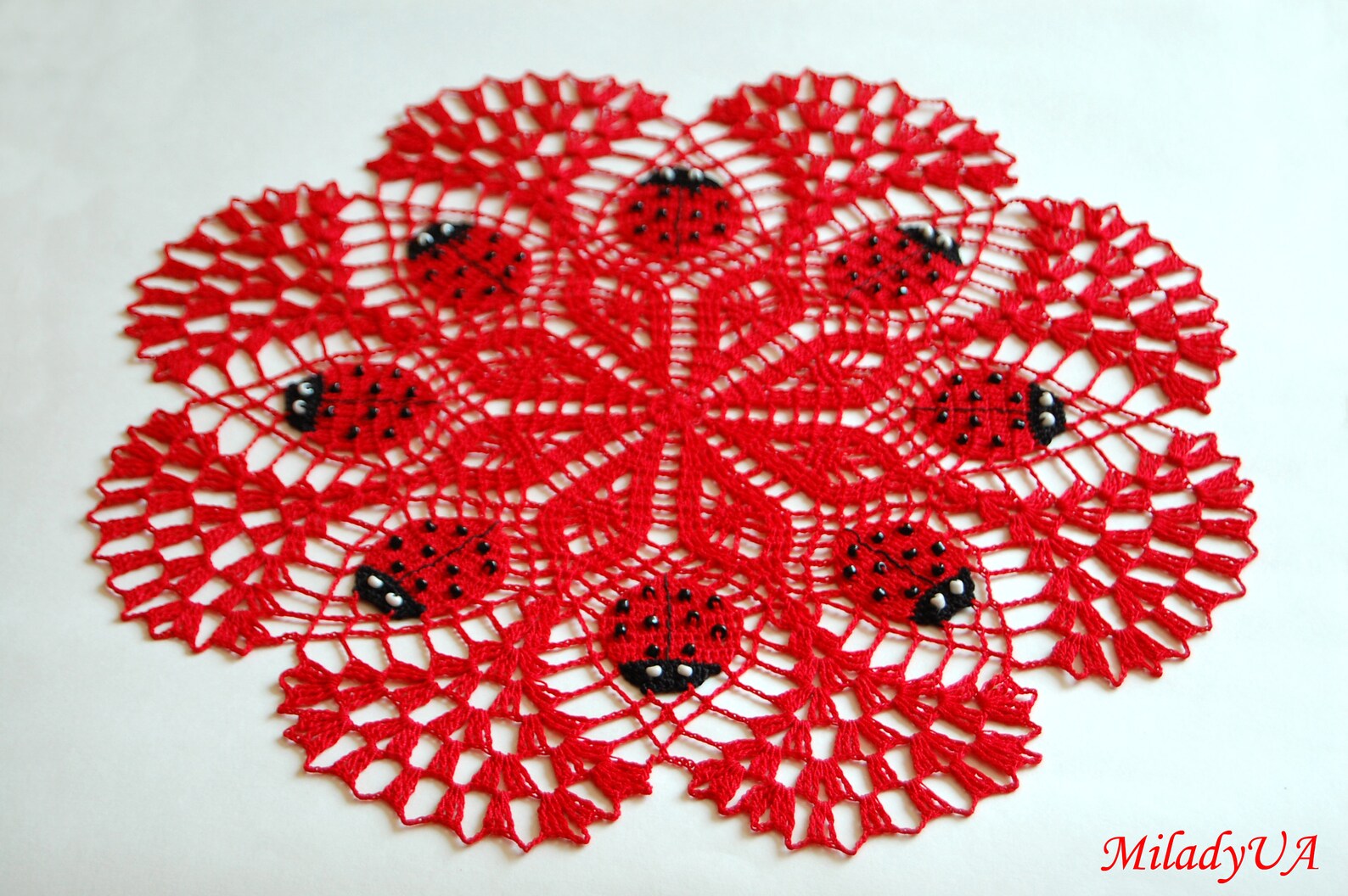 Crocheted Doily Ladybug Lady Bug Ladybird Lady Bird Red Doily Round ...