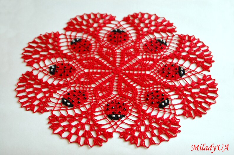 Crocheted Doily Ladybug Lady Bug Ladybird Lady Bird Red Doily Round ...