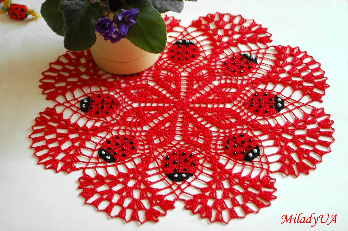 Crocheted Doily Ladybug Lady Bug Ladybird Lady Bird Red Doily Round ...