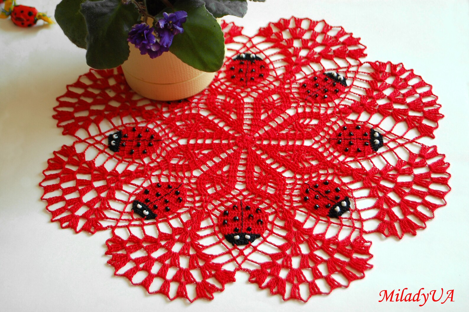 Crocheted Doily Ladybug Lady Bug Ladybird Lady Bird Red Doily Round ...