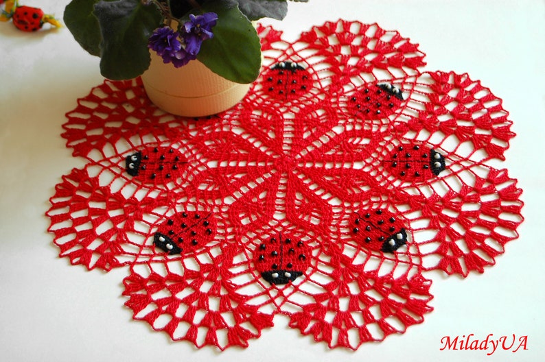 Crocheted Doily Ladybug Lady Bug Ladybird Lady Bird Red Doily Round ...