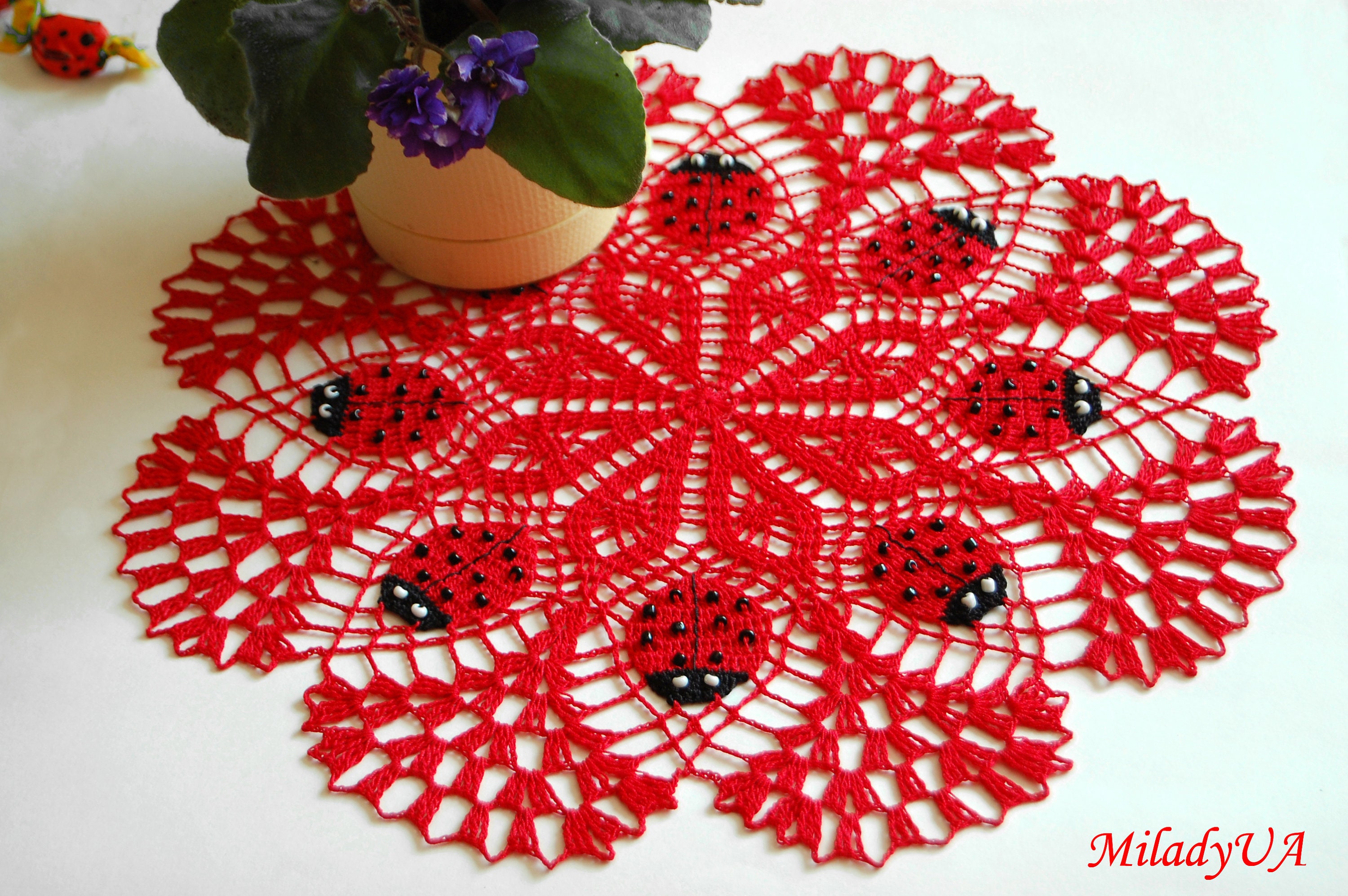 Crocheted Doily Ladybug Lady Bug Ladybird Lady Bird Red Doily Round ...