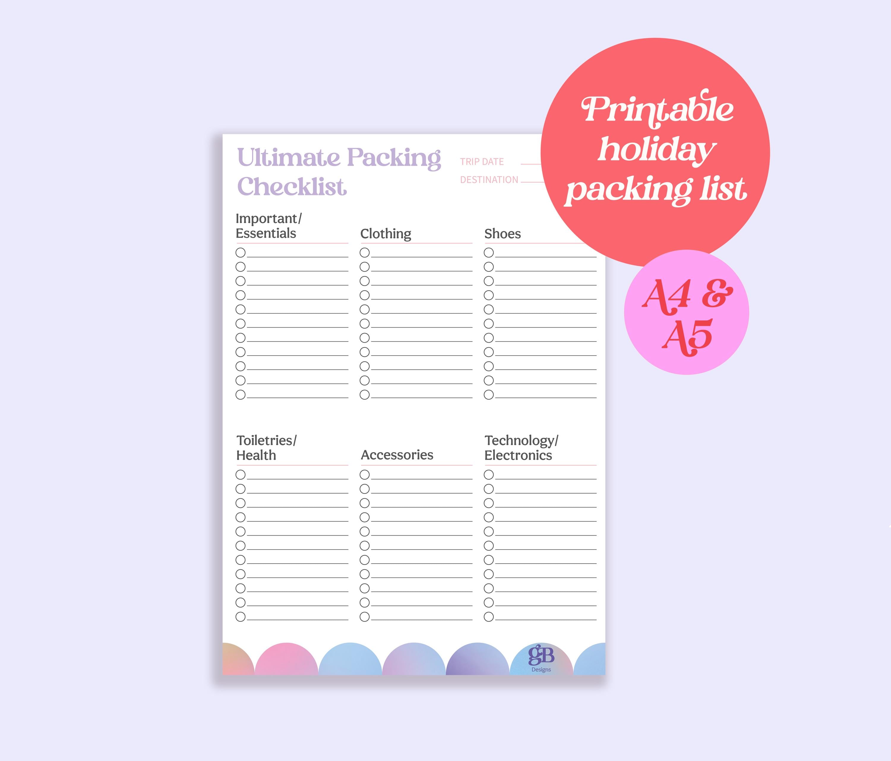 Holiday Packing Checklist, Digital Printable Checklist, Printable ...