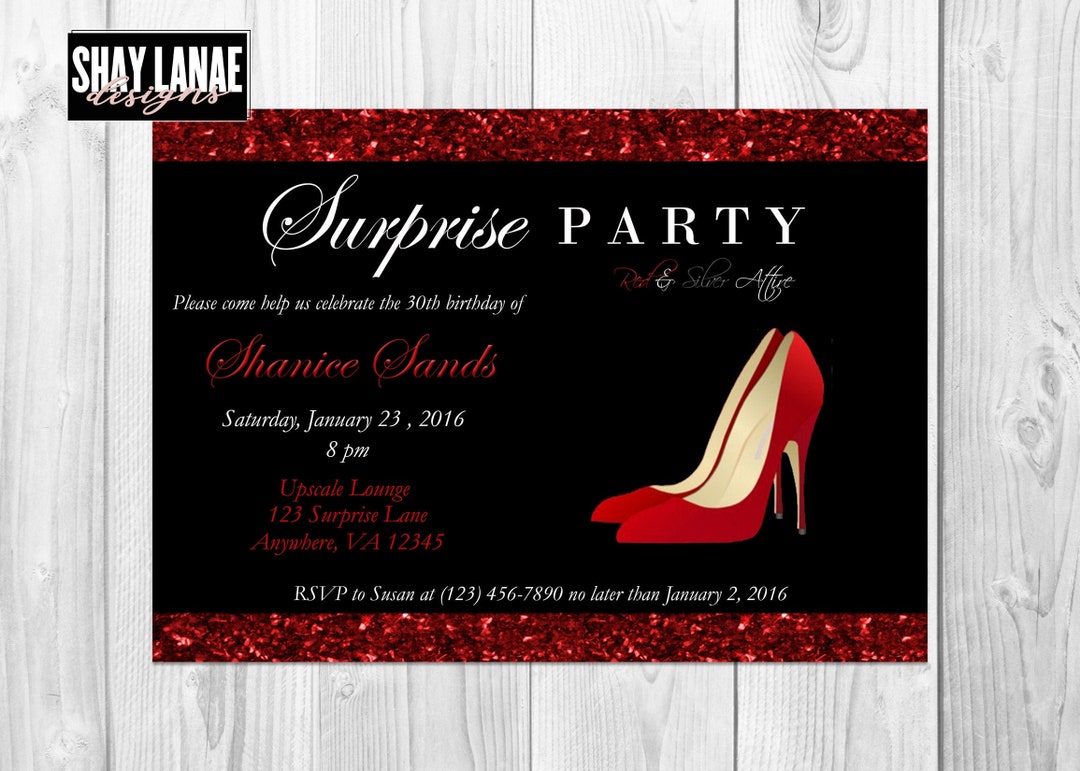 Red Heels Surprise Party Invitation// Red Invitation// Red Glitter ...