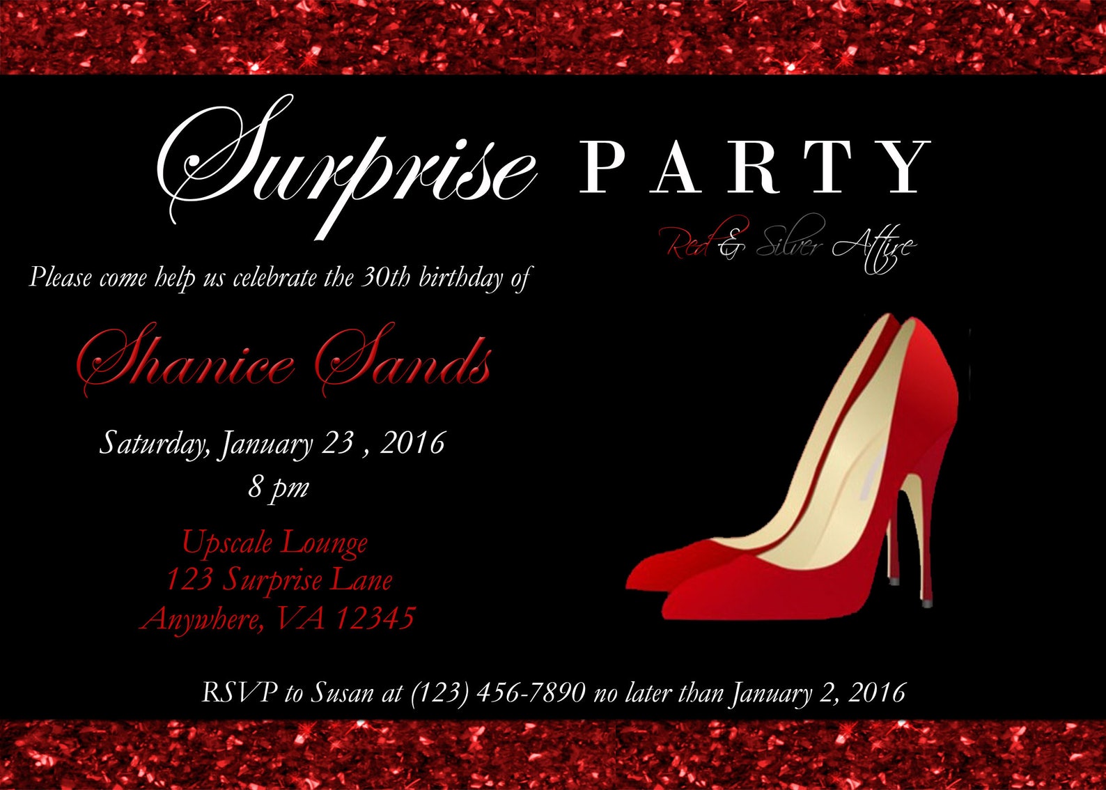 Red Heels Surprise Party Invitation// Red Invitation// Red Glitter ...