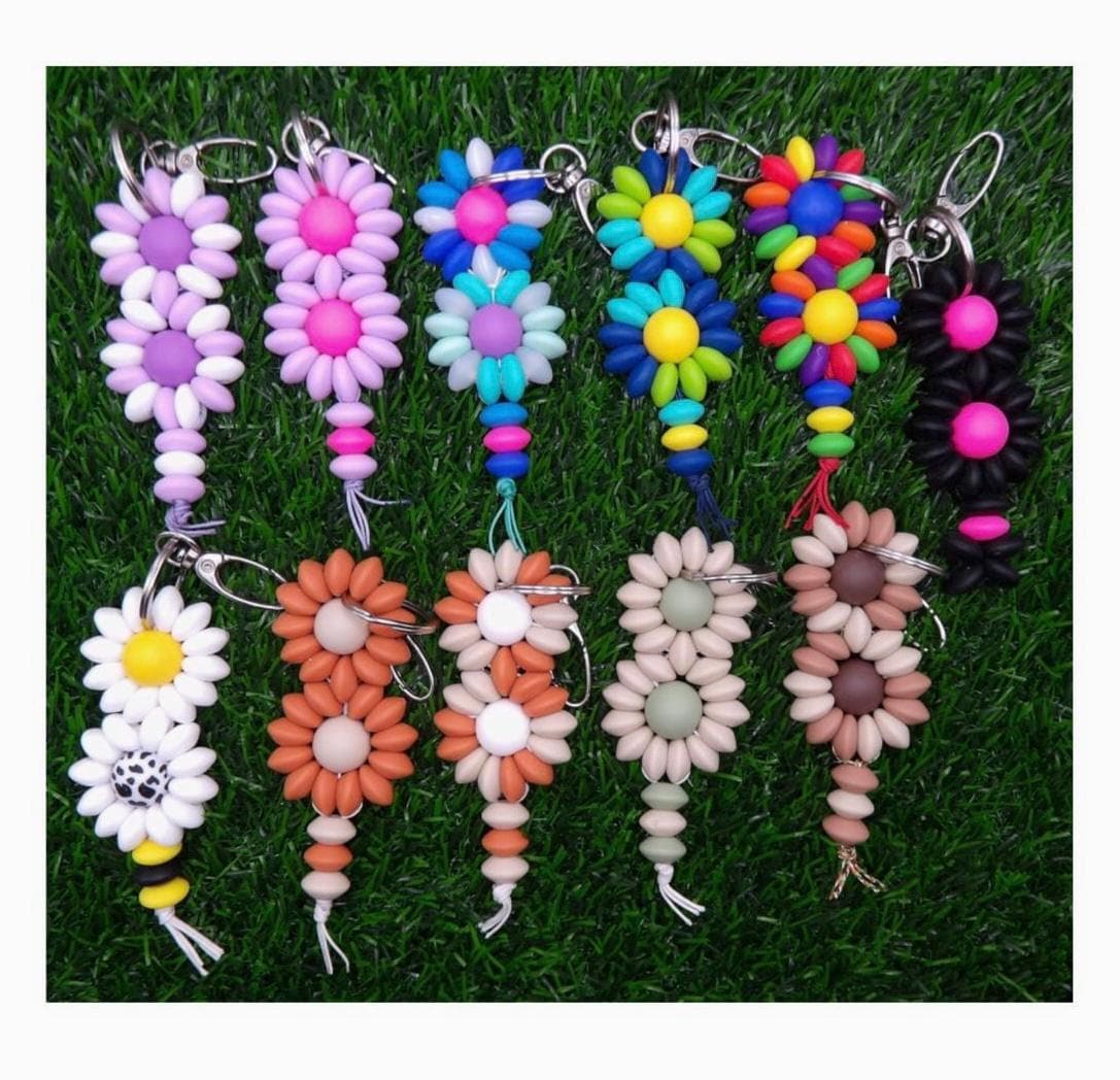 Flower Keychain-double Sunflower W/clasp, Lentil Silicone Beads Charm ...