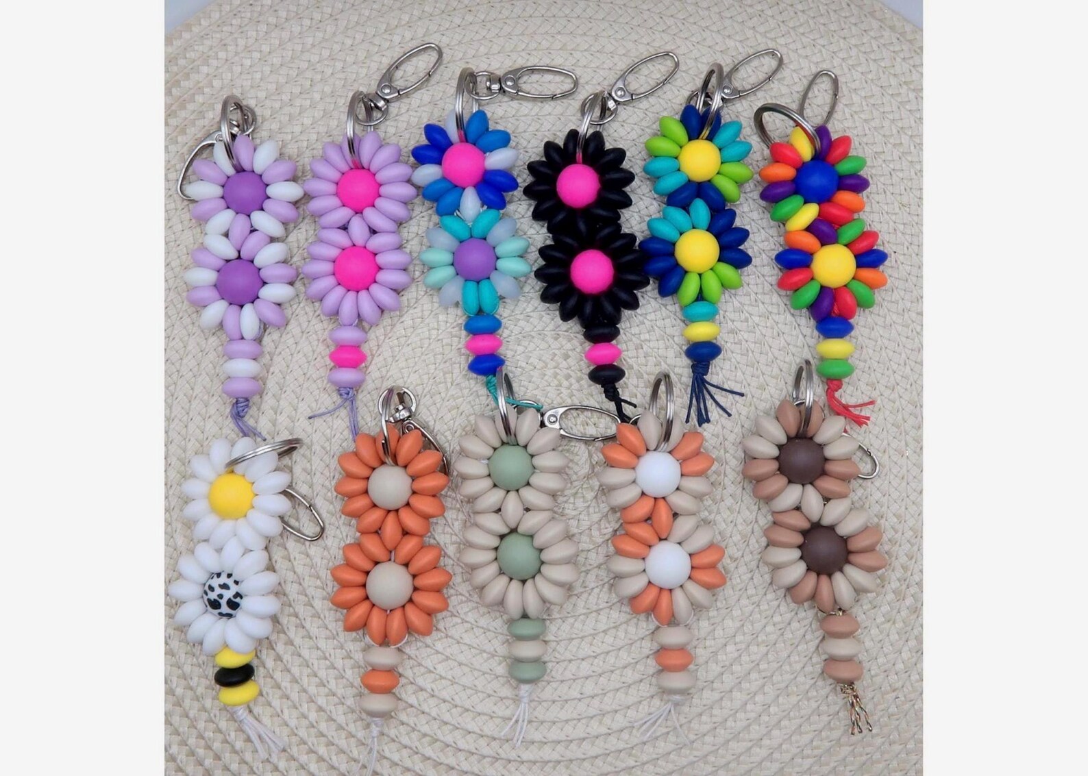 Flower Keychain-double Sunflower W/clasp, Lentil Silicone Beads Charm ...