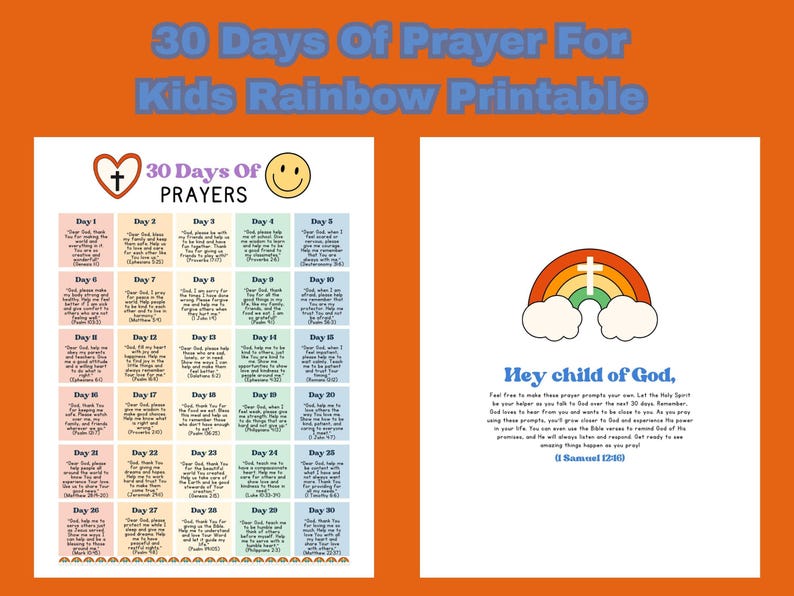 30 Days of Prayers for Kids Printable, Christian Kids Prayer Chart ...