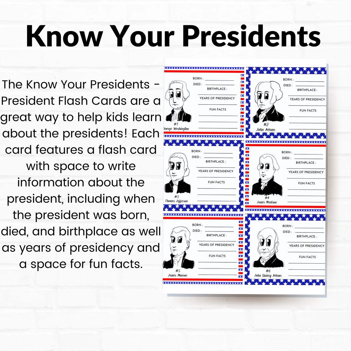 Know Your Presidents Flash Cards, Presidential Flash Cards, Flash Cards ...