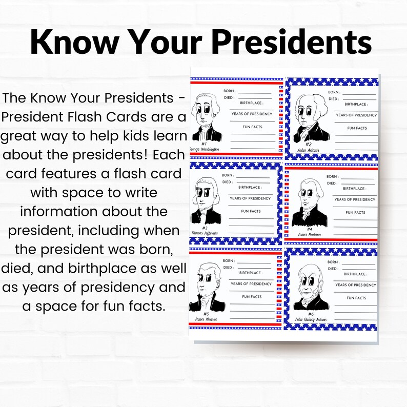Know Your Presidents Flash Cards, Presidential Flash Cards, Flash Cards ...