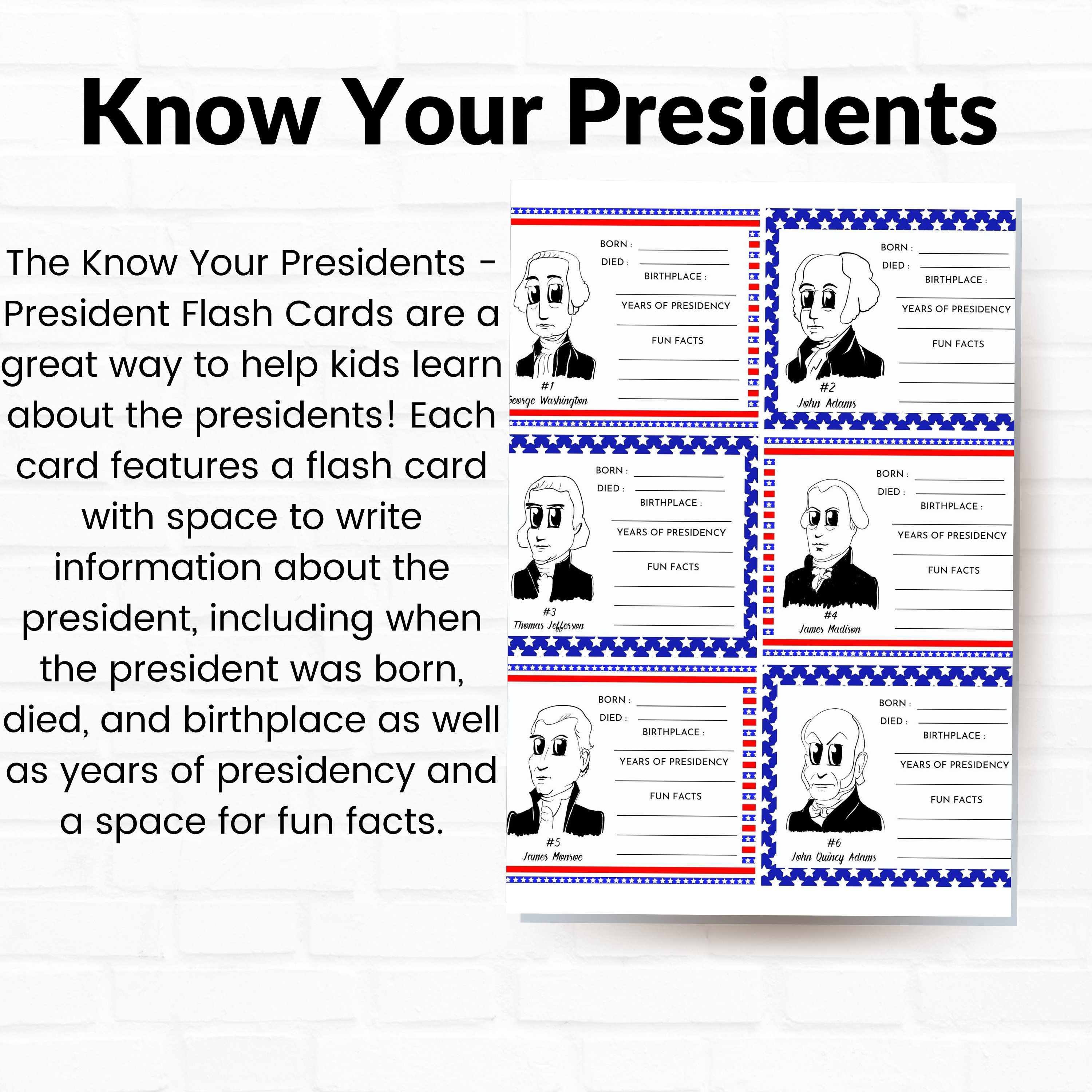 Know Your Presidents Flash Cards, Presidential Flash Cards, Flash Cards ...