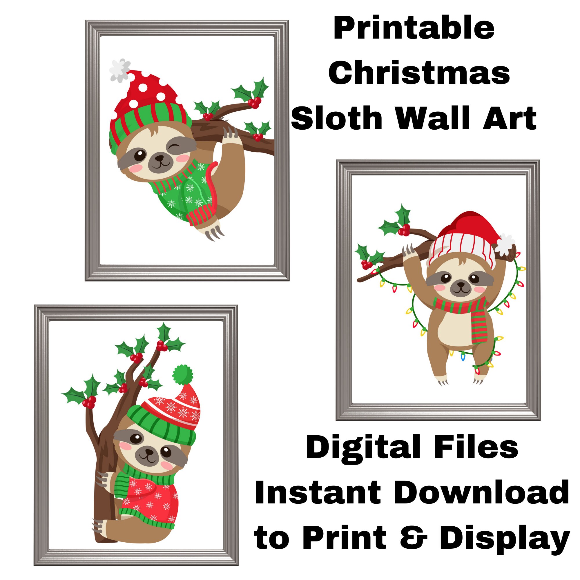 Set of 3 Printable Christmas Sloth Wall Art, Cute Christmas Decor, Home ...
