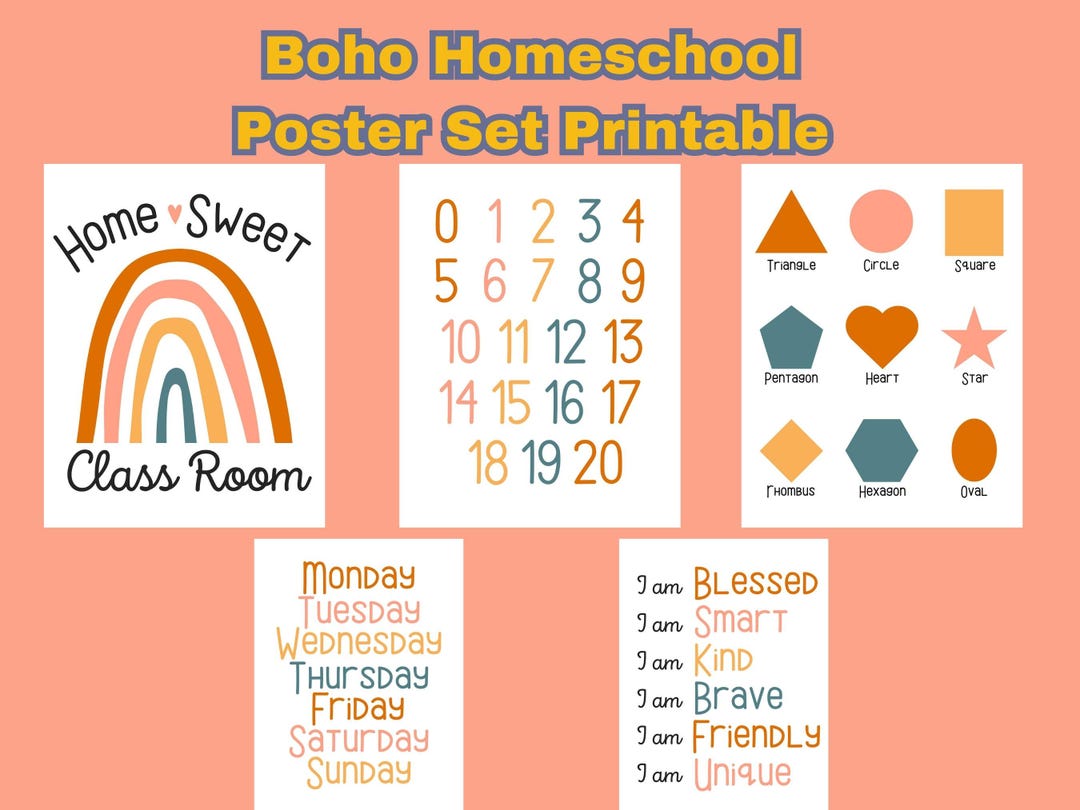 Boho Homeschool Poster Set Printable, Preschool Learning Wall Art ...