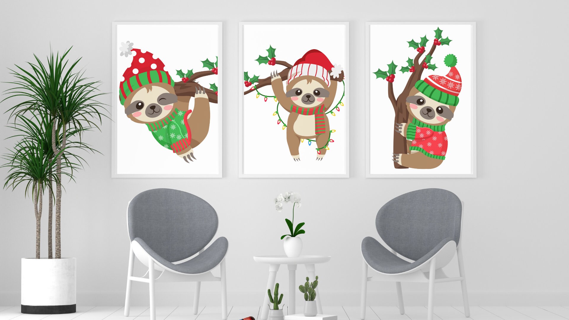 Set of 3 Printable Christmas Sloth Wall Art, Cute Christmas Decor, Home ...