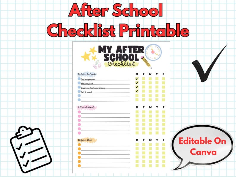 After School Routine Checklist Printable for Kids, Daily Routine Chart ...