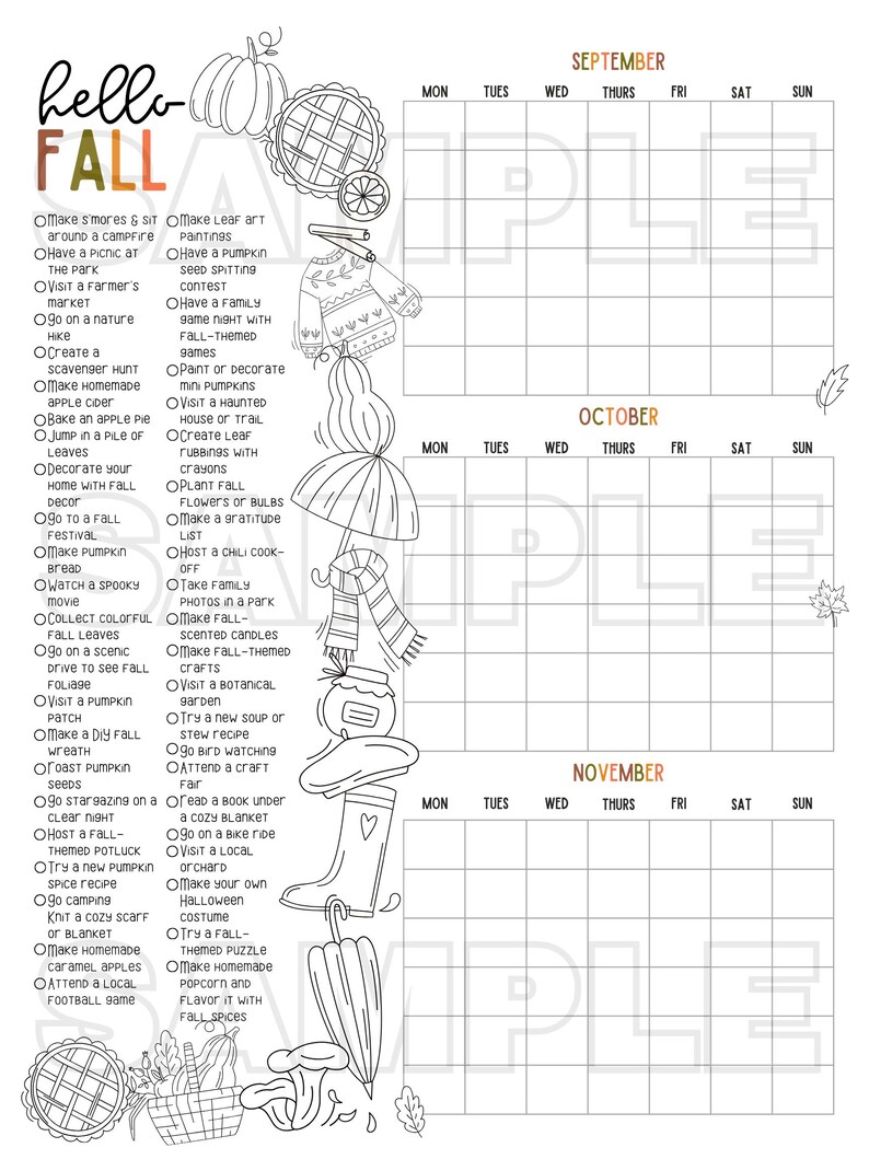Fall Fun Calendars & Bucket List Poster - Etsy