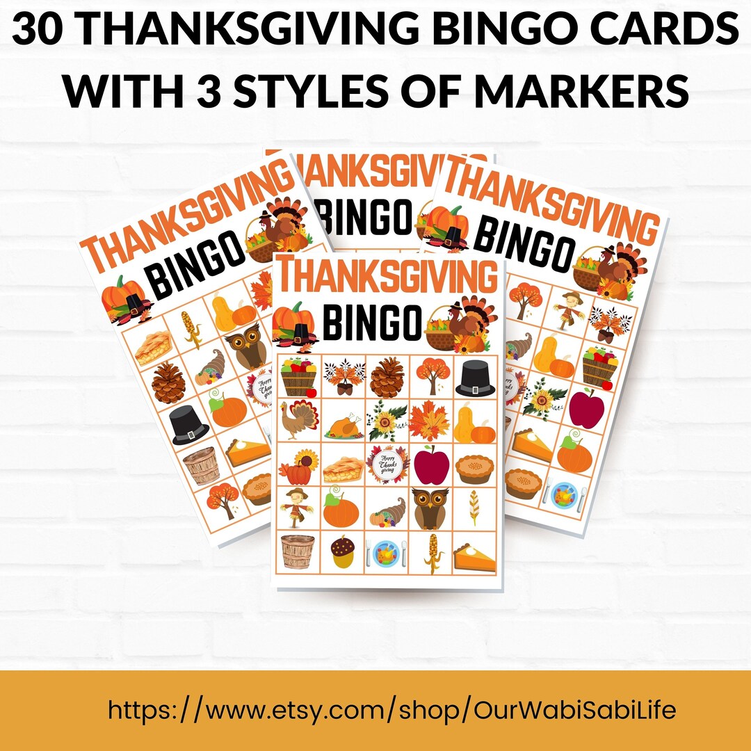 30 Printable Thanksgiving Bingo Cards With Markers, Thanksgiving Bingo ...