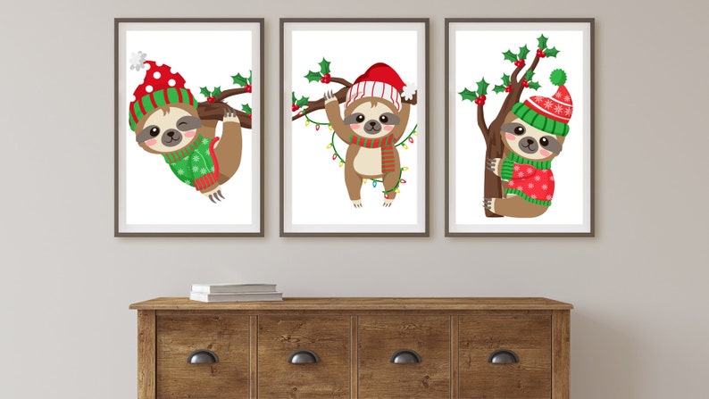 Set of 3 Printable Christmas Sloth Wall Art, Cute Christmas Decor, Home ...