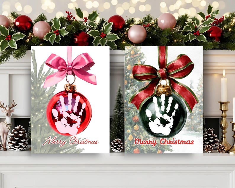 Christmas Ornament Handprint Craft Printable Set • Red & Green Ornament ...