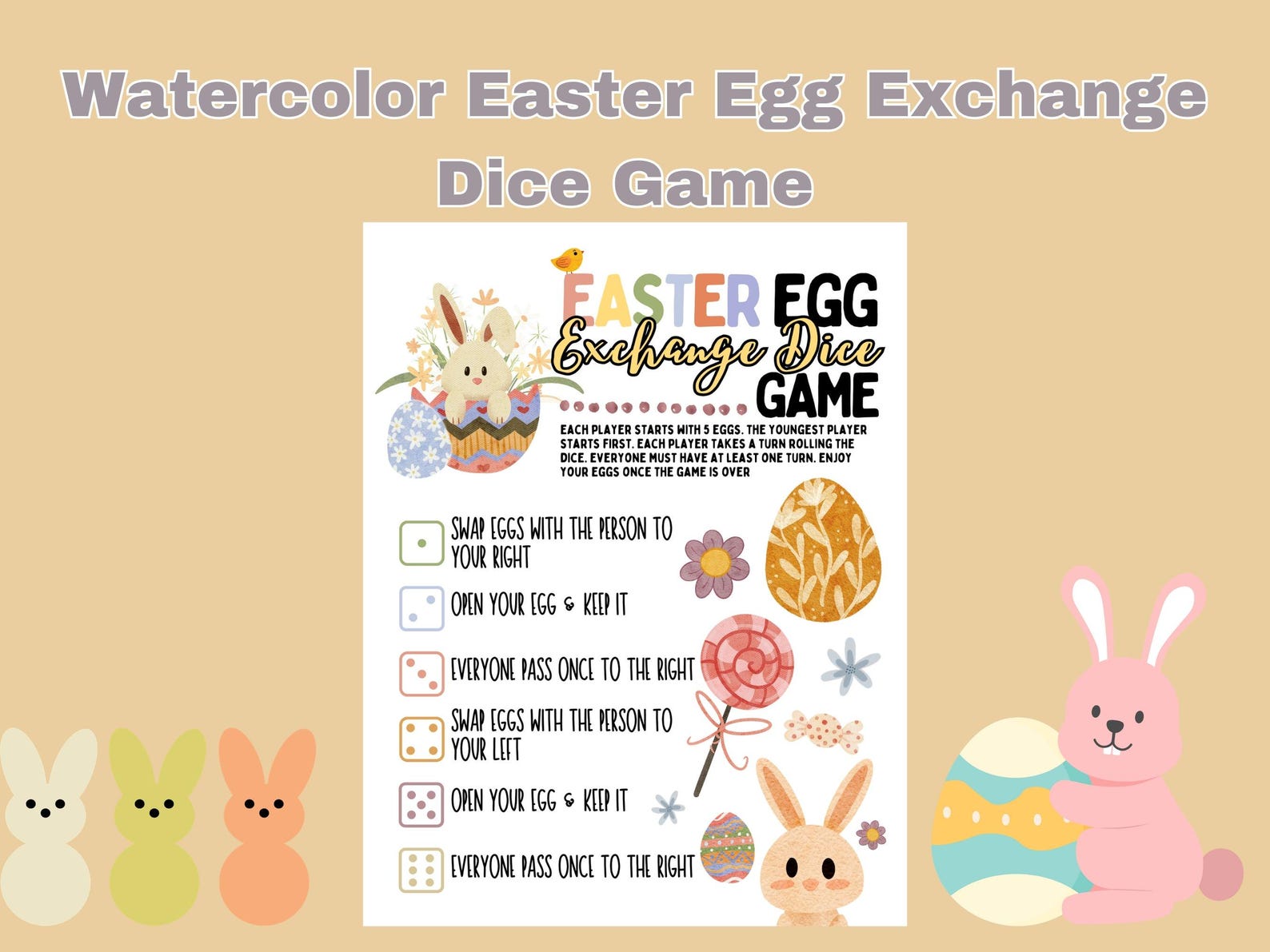 Easter Egg Exchange Dice Game Printable – Watercolor Easter Party Game ...