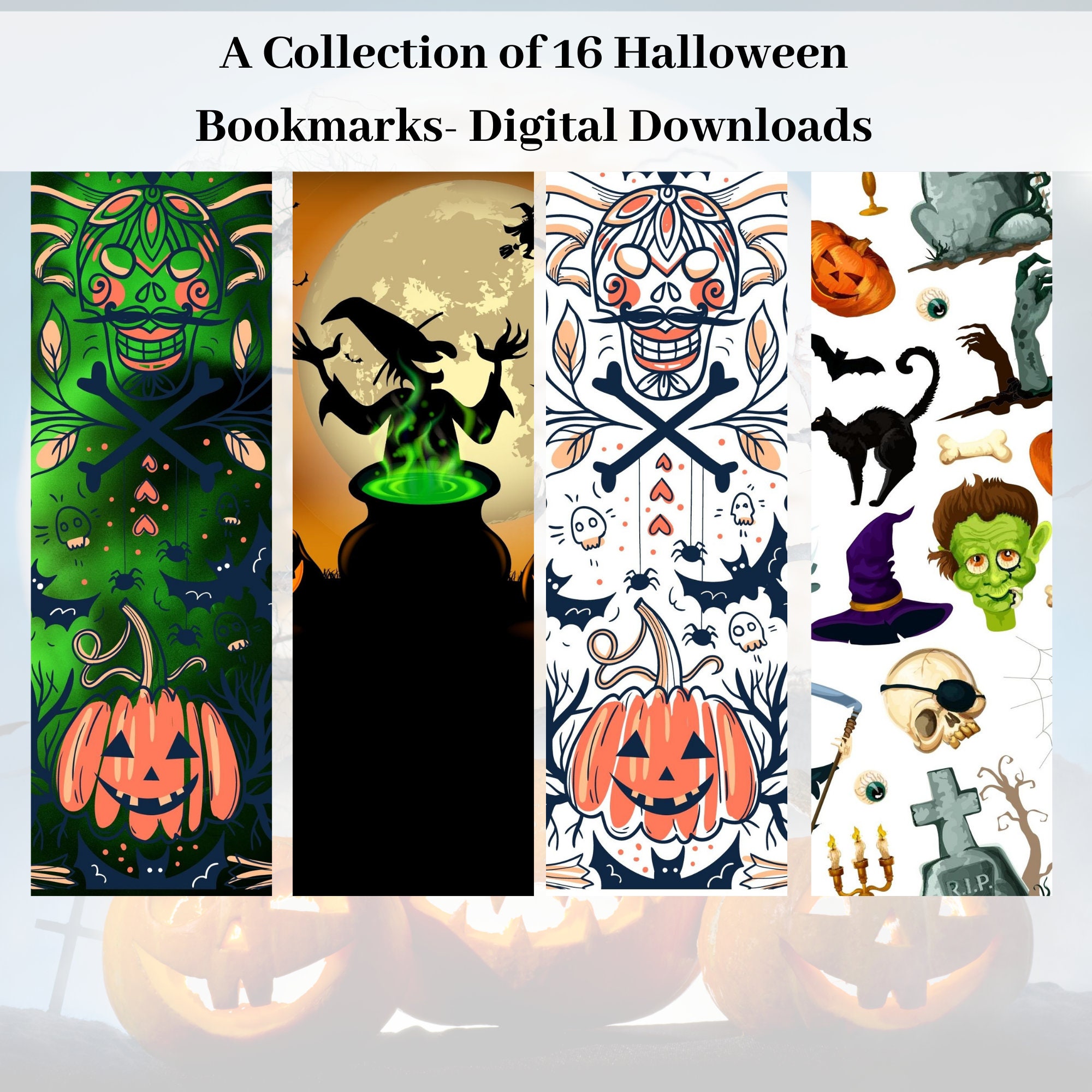 Printable Halloween Bookmarks, Set of 16, Digital Download, Halloween ...
