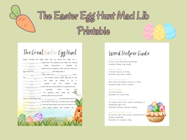 Easter Mad Libs Printable for Kids, Easter Egg Hunt Grammar Activity ...