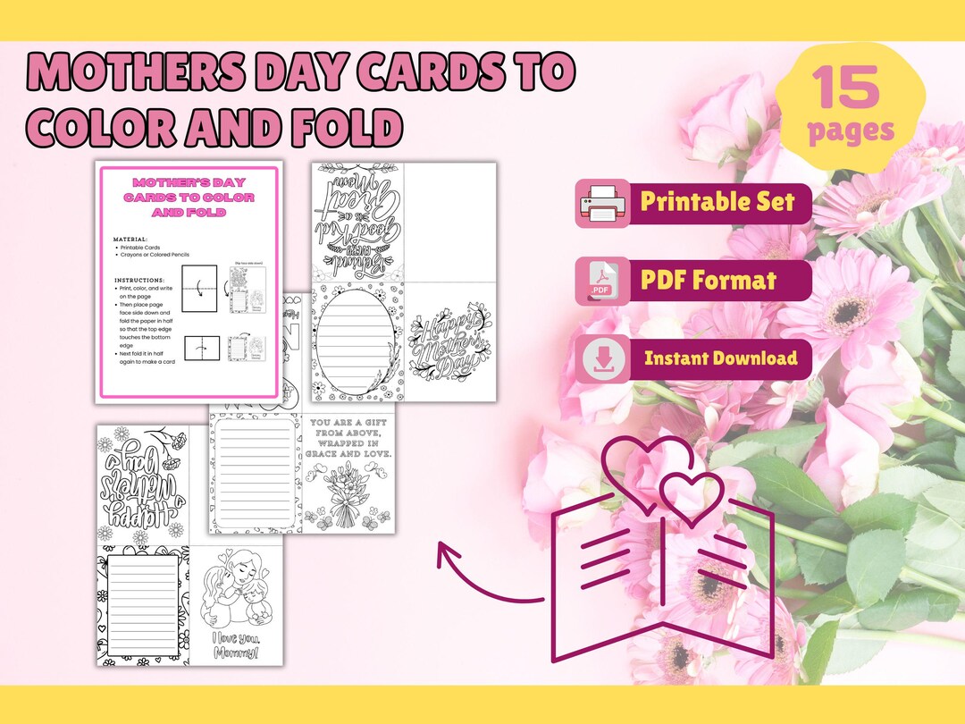 Mother’s Day Coloring Cards Printable Bundle, Kids Color and Fold Card ...